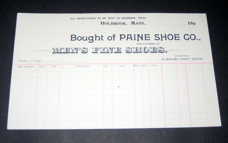 5 Blank NOS Victorian Receipts or Sales Slips From Paine Shoe, Co ...