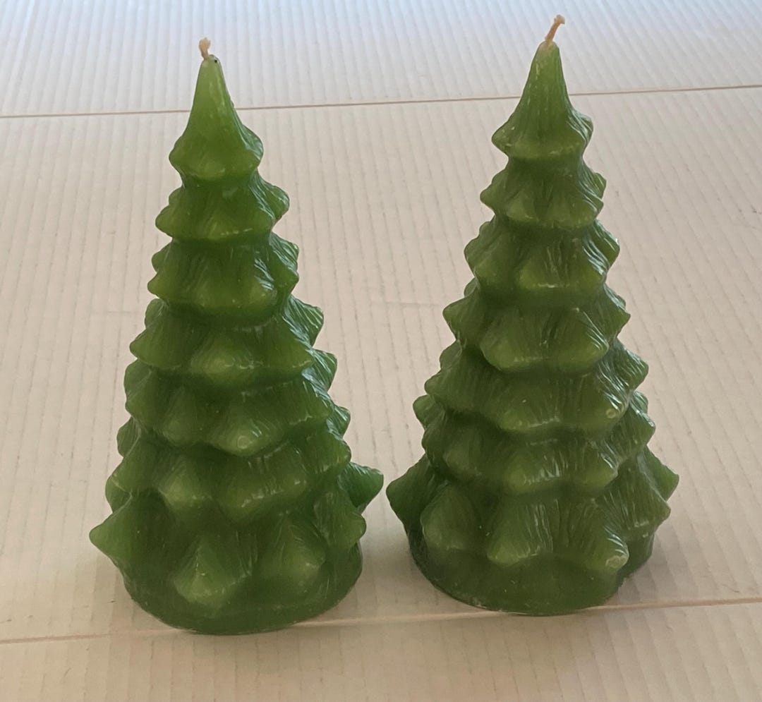 2 Vintage Christmas Tree Shaped Candles 7.5” Tall, Jadeite Like Color ...