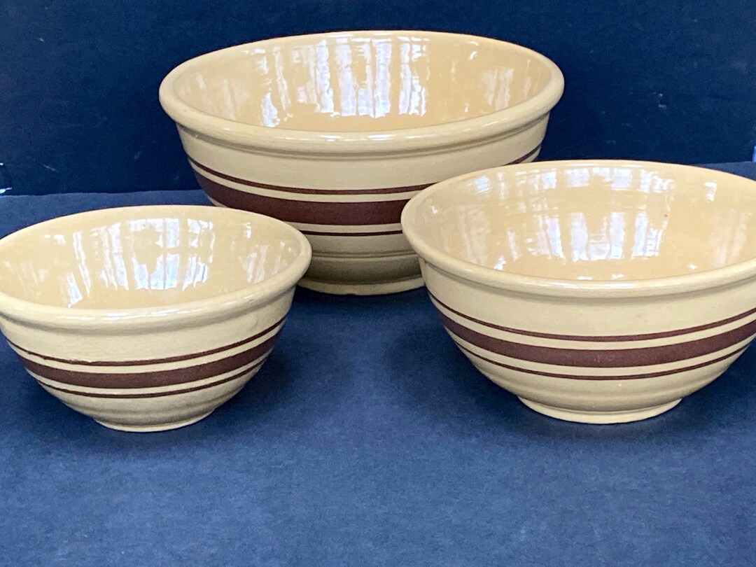 3 Vintage (1930s) Nesting Weller Yellow Ware Bowls With 3 Brown Stripes ...