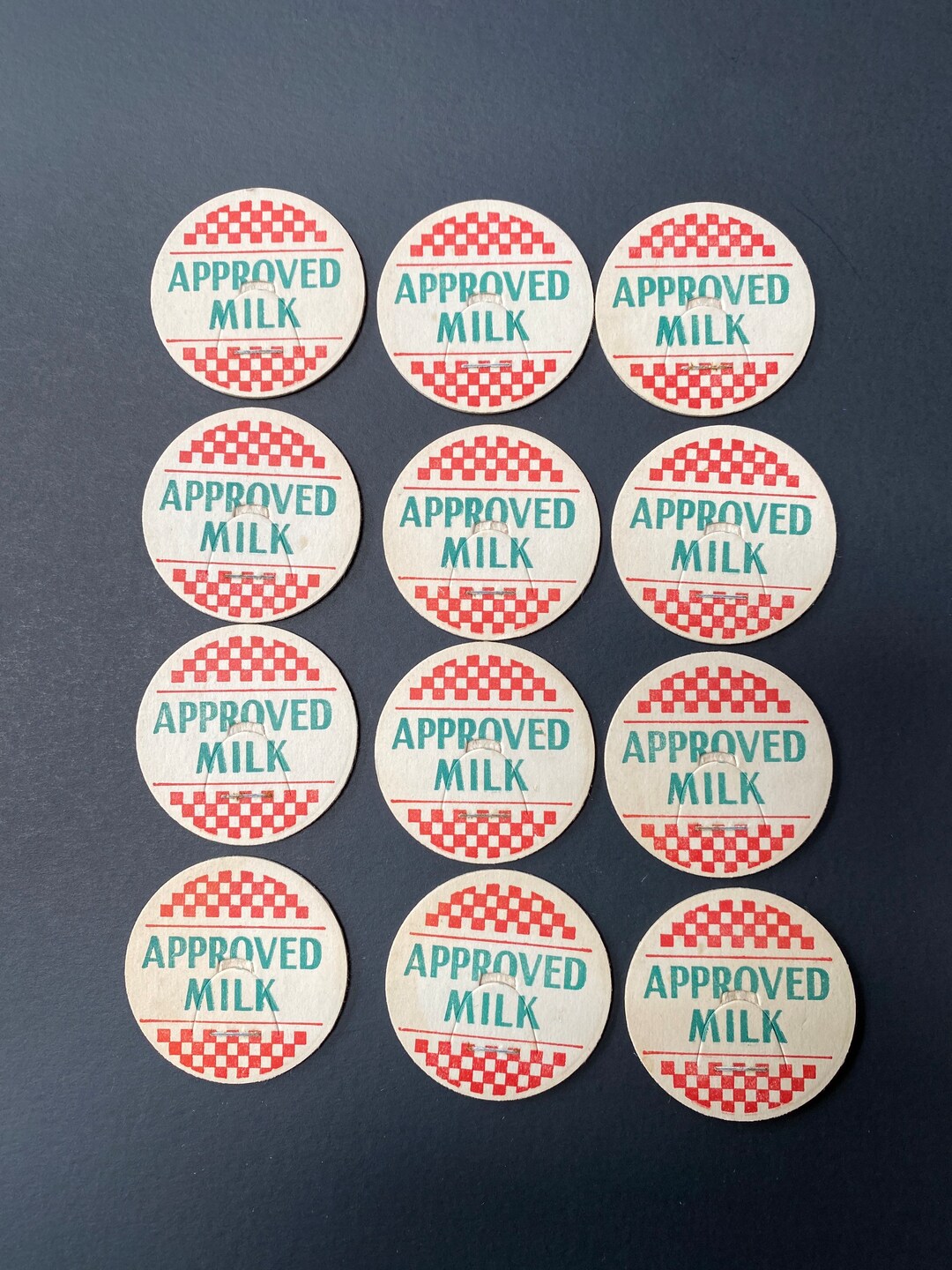 12 Vintage Milk Bottle Caps Lids Tops - Approved Milk - Red and Green ...