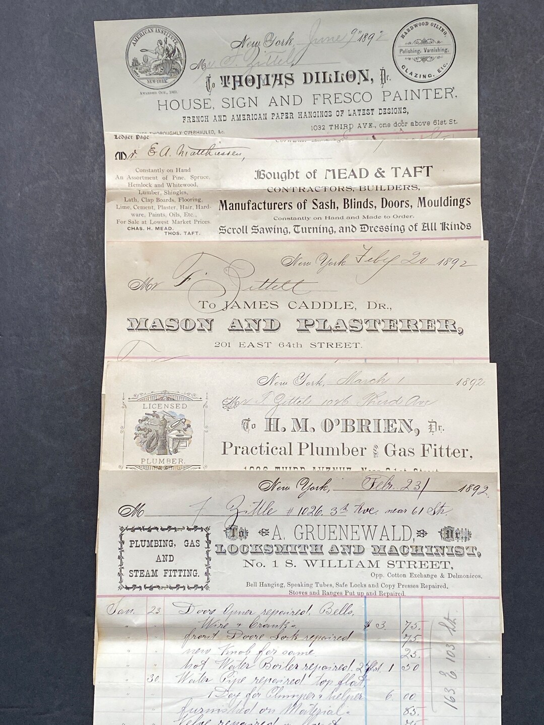Antique 1892-1905 Ephemera 5 Invoices Receipts Plumber, Mason ...