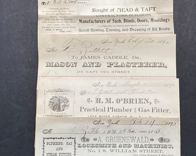 Antique (1892-1905) Ephemera - 5 Invoices Receipts - Plumber, Mason ...