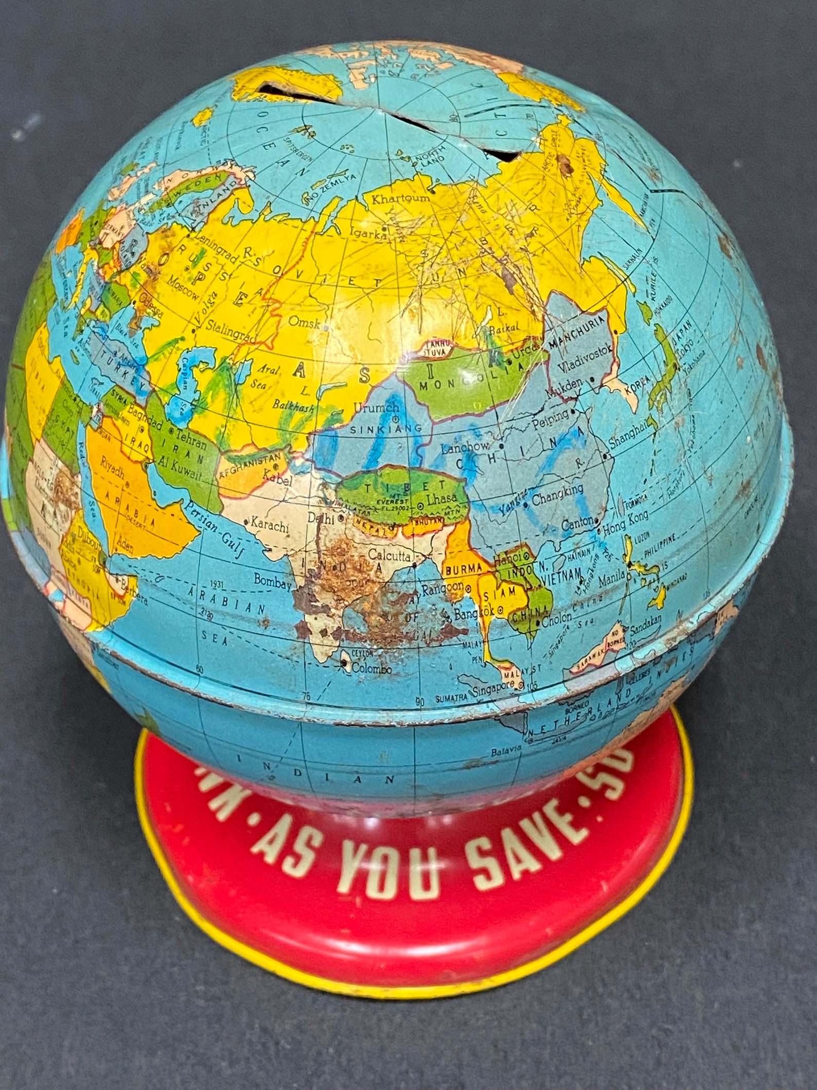 Vintage Ohio Art Small Tin Globe Bank - Etsy
