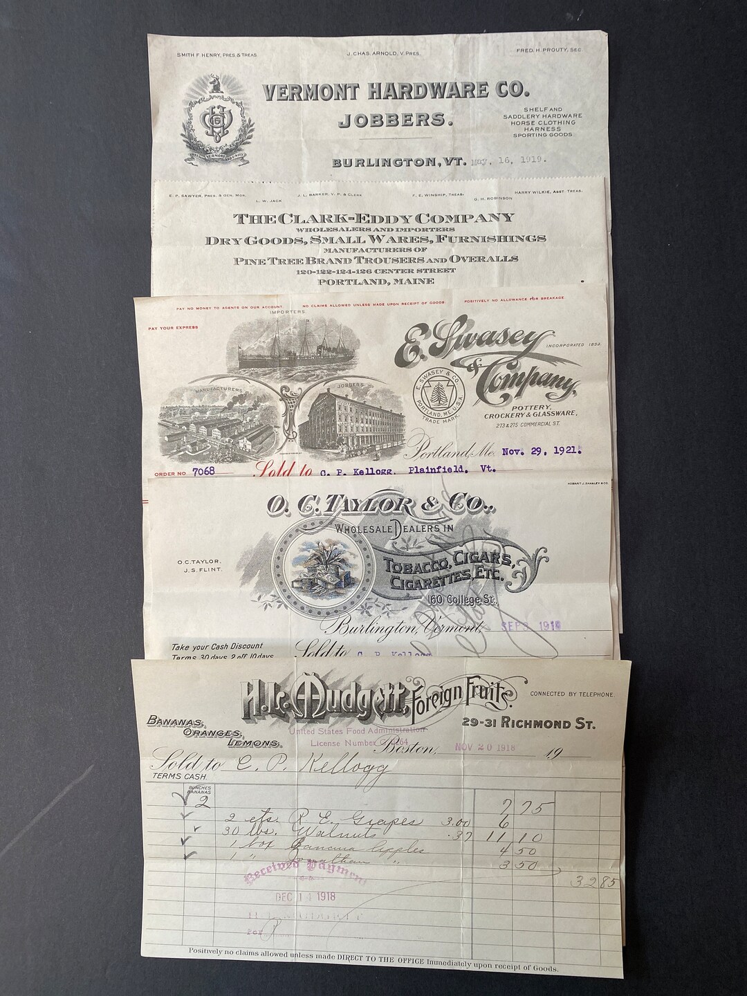 Antique (1919-1921) Ephemera - 5 Invoices Receipts - Fruits, Tobacco ...