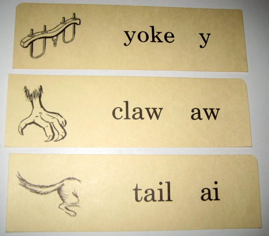 3 Vintage (1960) Flash Cards - Yoke, Claw, Tail - Group Size Phonics ...