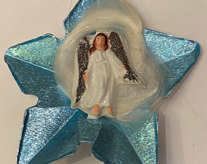 Vintage Retro Blue Foil Tree Topper - Plastic Angel Surrounded by Angel ...