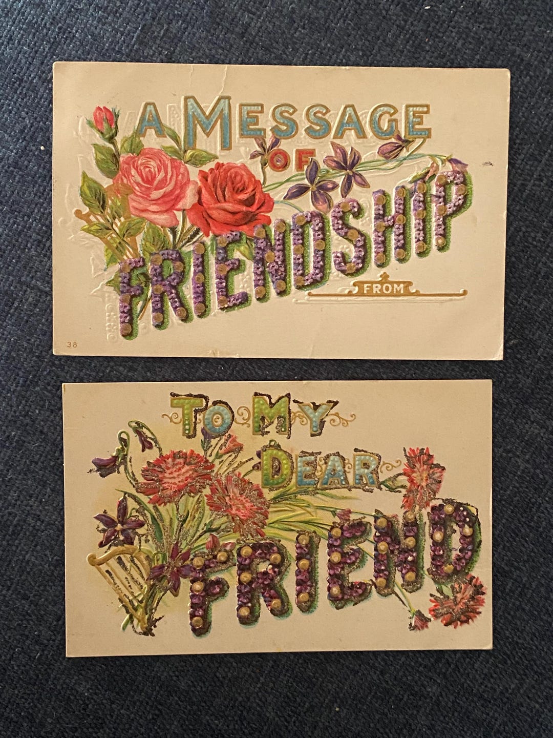 2 Antique Large Letter Floral Postcards - to My Friend and A Message of ...