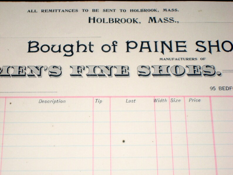 5 Blank NOS Victorian Receipts or Sales Slips From Paine Shoe, Co ...