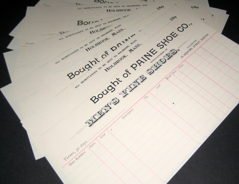 5 Blank NOS Victorian Receipts or Sales Slips From Paine Shoe, Co ...
