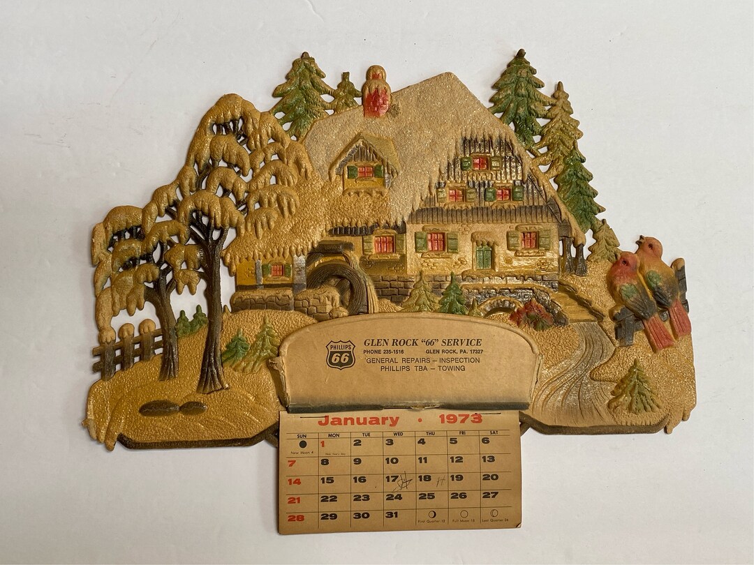 Vintage Embossed Pressed Paper Die Cut Calendar Top and 1973 Calendar ...