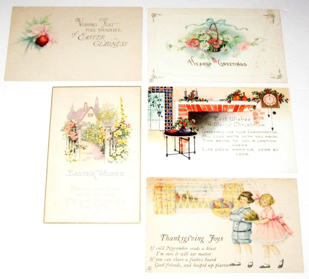 5 Vintage (1920s) Postcards - Holidays: Easter, Christmas, Thanksgiving ...