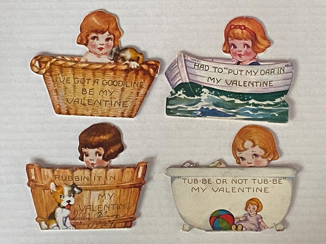 4 Small Antique (1920s) Die Cut Valentine Cards With Little Girls in a ...