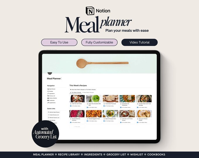 All-in-one Notion Meal Planner | Notion Template, Food Journal, Grocery ...