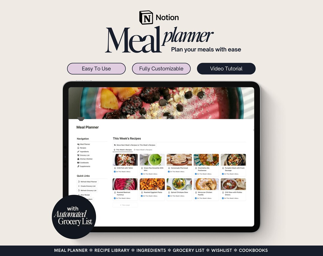Notion Meal Planner Template, Digital Weekly Meal Planner, Grocery List ...