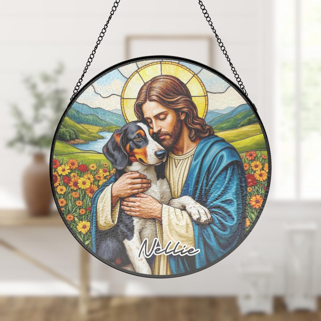 Custom Jesus Christ Hugging Tricolor American English Coonhound Dog ...