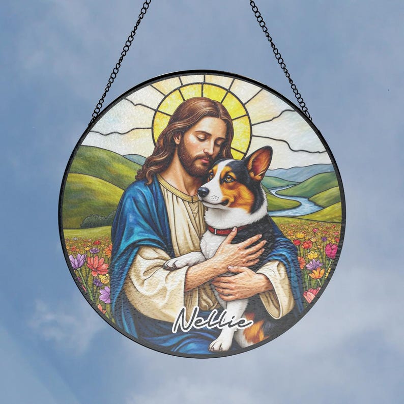 Jesus Christ Hugging Tricolor Pembroke Welsh Corgi Dog Stained Glass ...