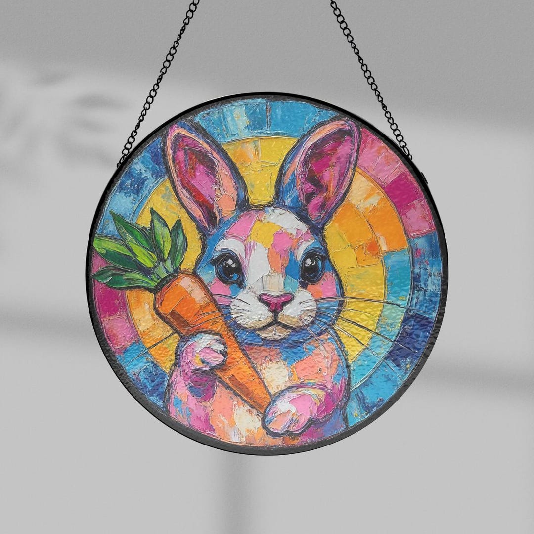 Colorful Easter Bunny Suncatcher, Stained Glass Rabbit With Carrot ...