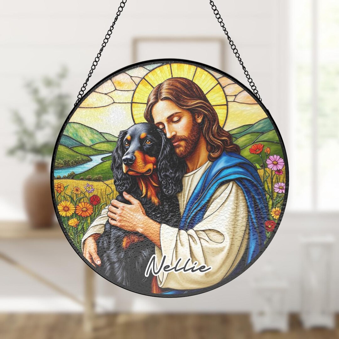 Custom Jesus Christ Hugging Black and Tan Gordon Setter Dog Stained ...
