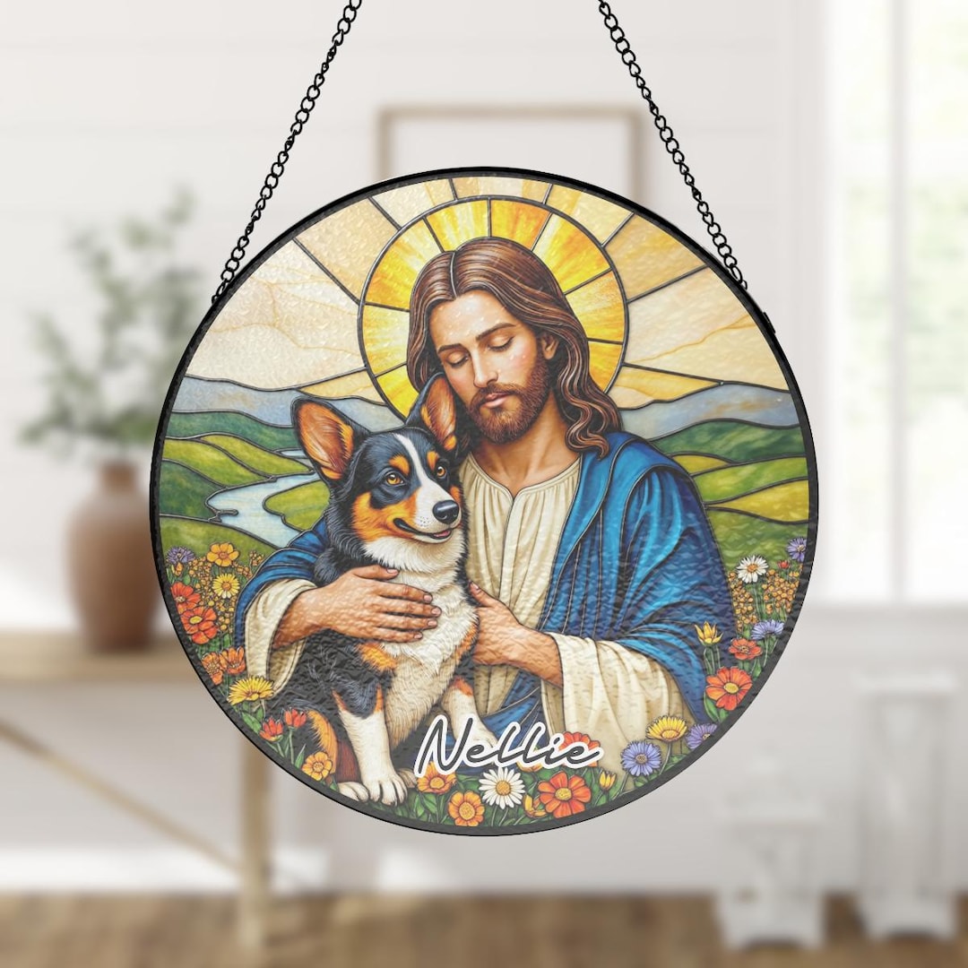 Custom Jesus Christ Hugging A Black & Tan Pembroke Welsh Corgi Dog ...
