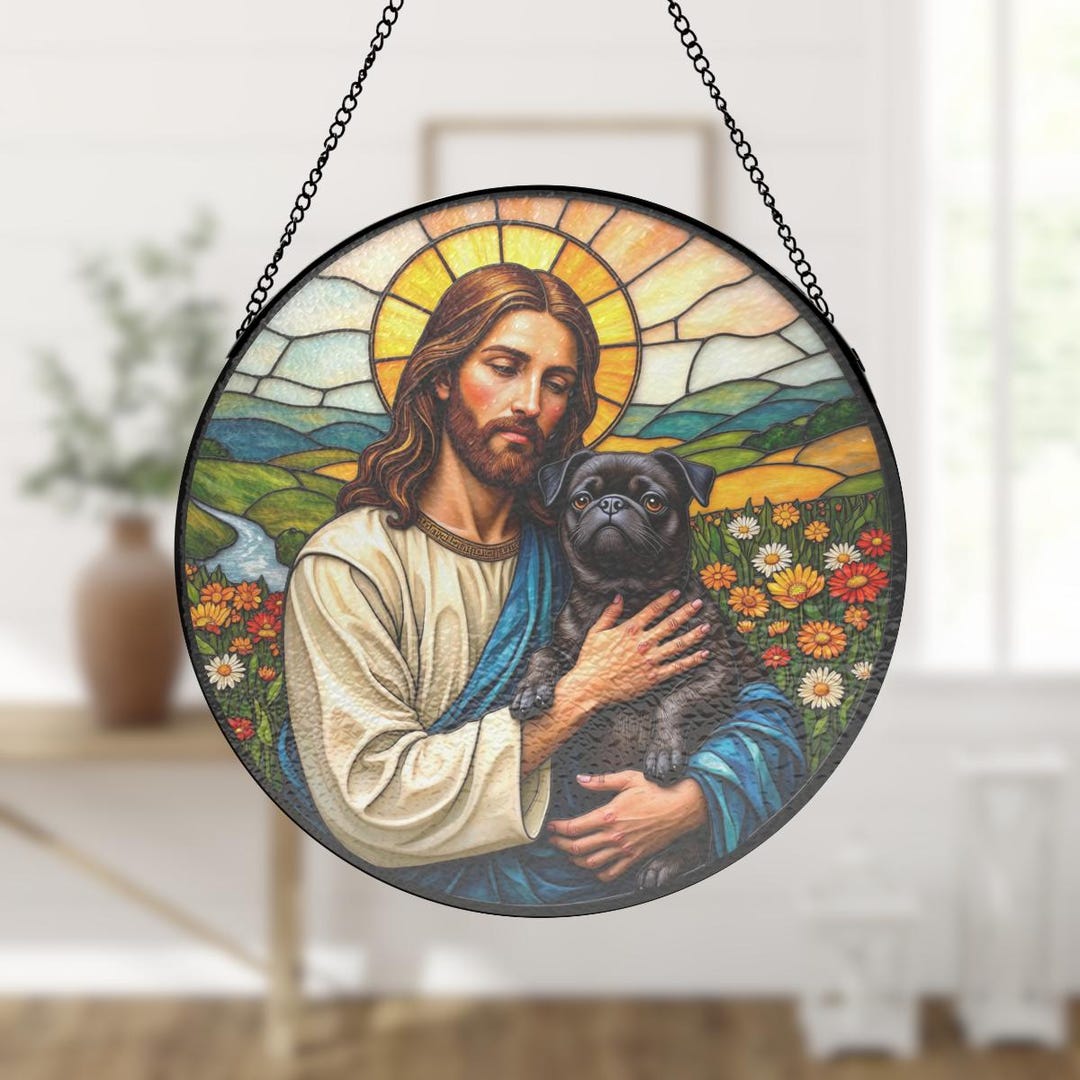 Jesus Christ Hugging Black Pug Glass Suncatcher, Religious Window Decor ...