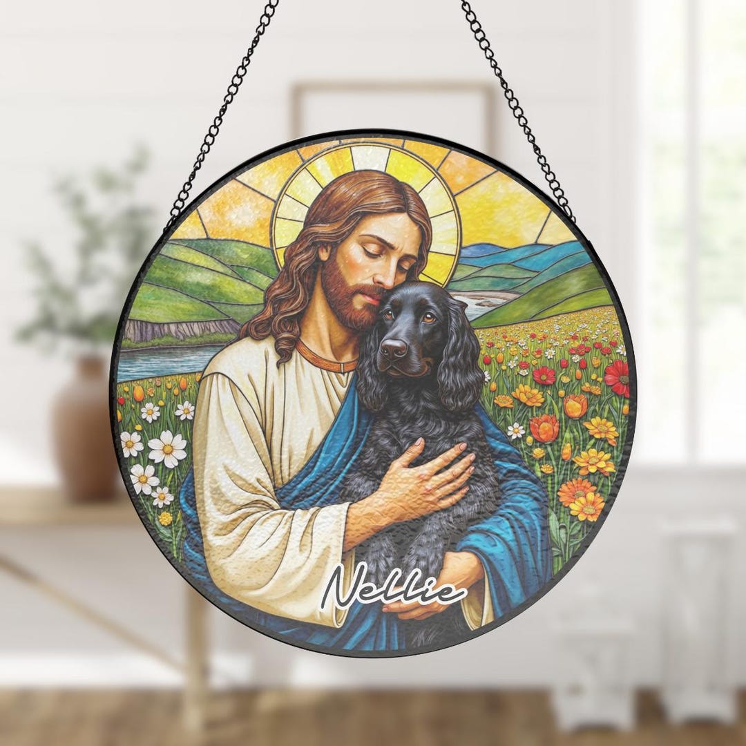 Custom Jesus Christ Hugging Black Cocker Spaniel Dog Stained Glass ...