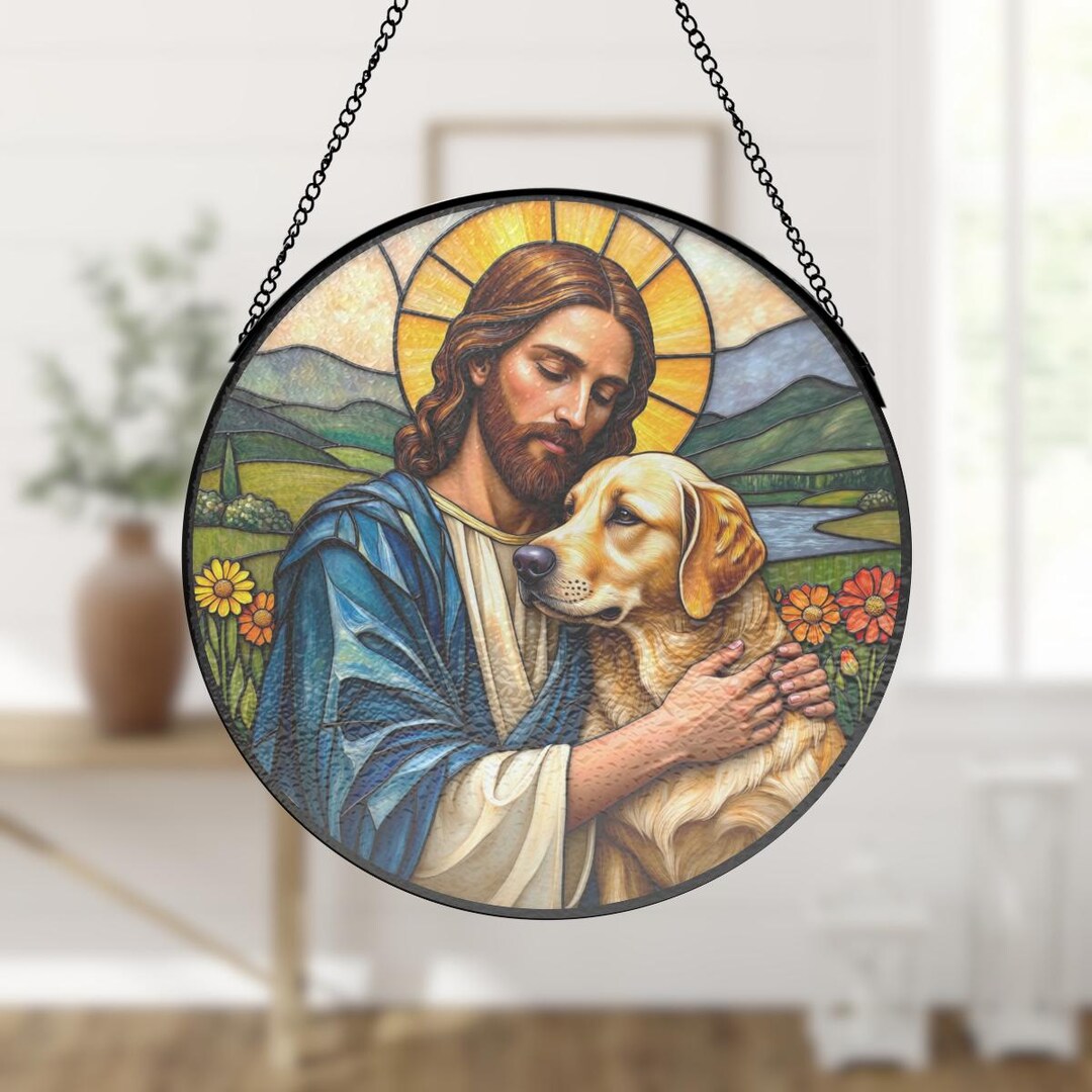 Jesus Christ Hugging A Golden Retriever Stained Glass Suncatcher ...