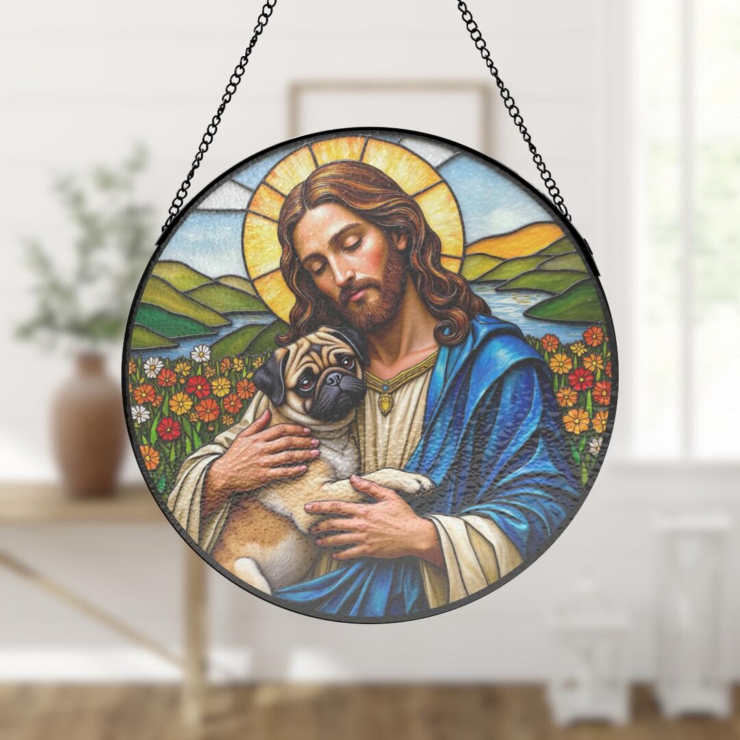 Jesus Christ Hugging Fawn With Black Mask Pug Glass Suncatcher ...