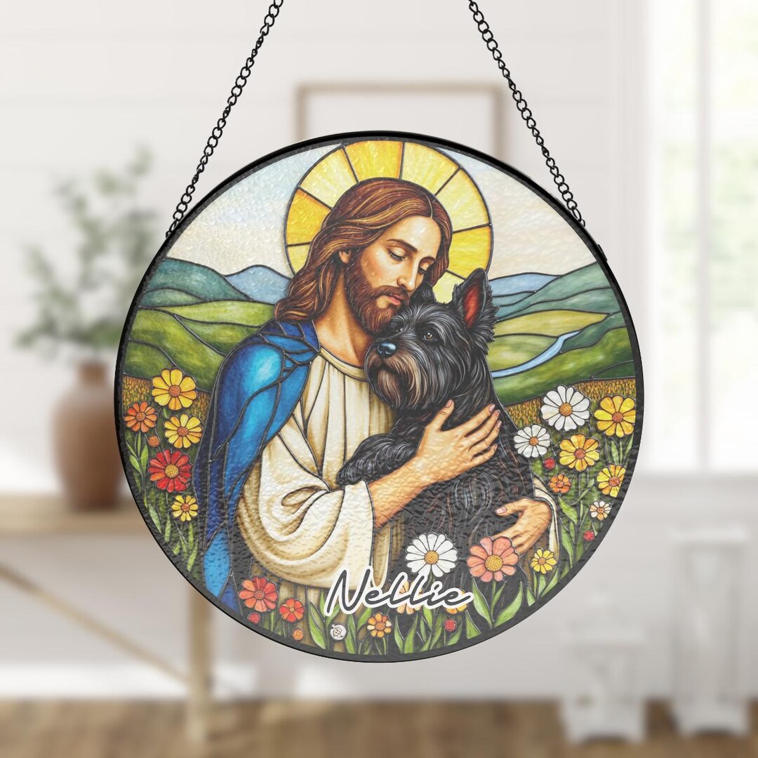 Custom Jesus Christ Hugging Black Scottish Terrier Dog Stained Glass ...