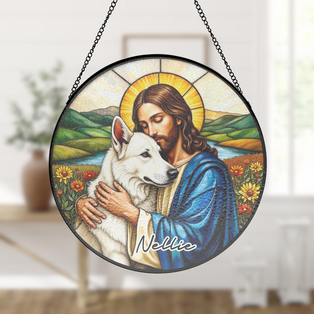 Custom Jesus Christ Hugging A Solid White German Shepherd Dog Stained ...