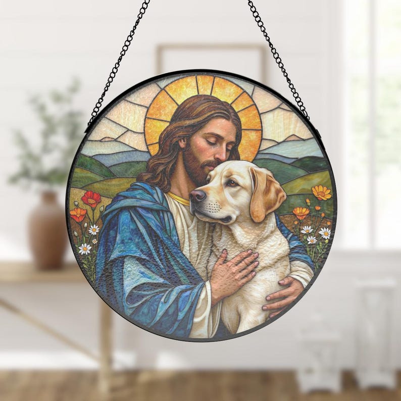 Jesus Christ Hugging White & Cream Golden Labrador Retriever Stained ...