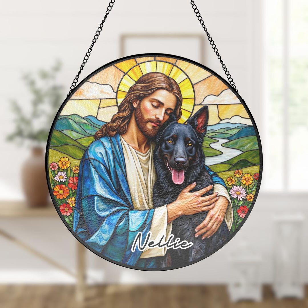 Custom Jesus Christ Hugging A Solid Black German Shepherd Dog Stained ...