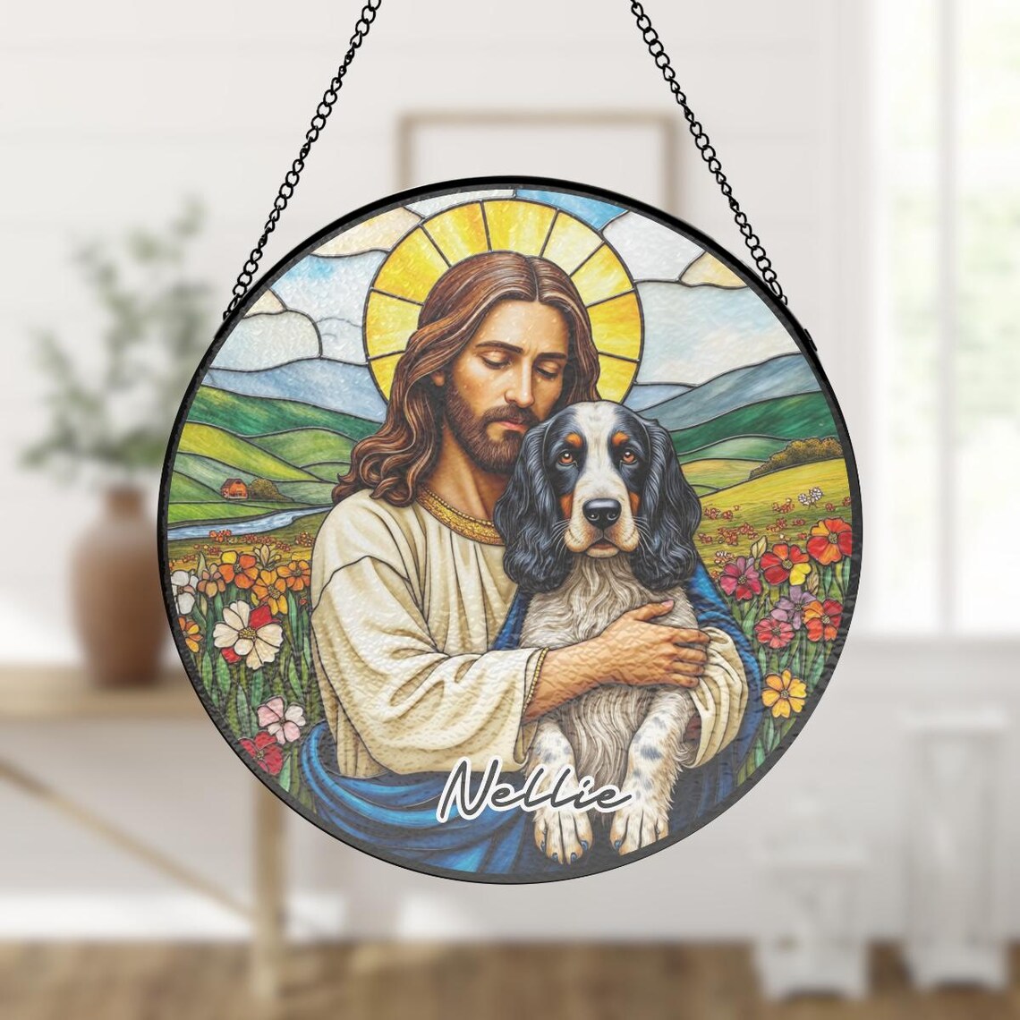 Custom Jesus Christ Hugging Tan & Blue Roan English Cocker Spaniel Dog ...