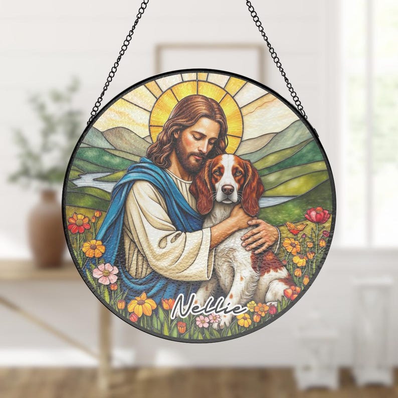 Custom Jesus Christ Hugging English Foxhound Dog Stained Glass ...