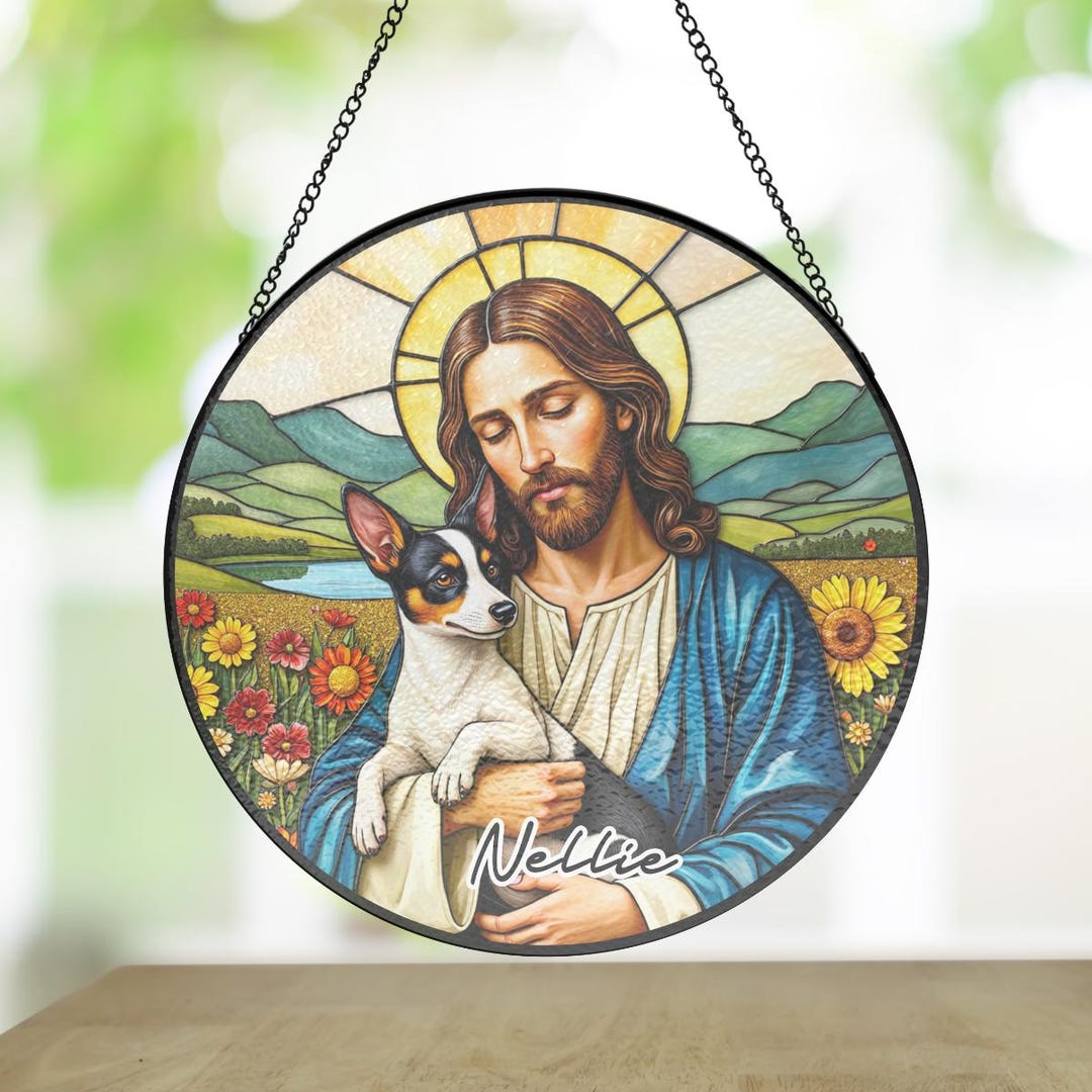 Custom Jesus Christ Hugging Toy Fox Terrier Dog Stained Glass ...