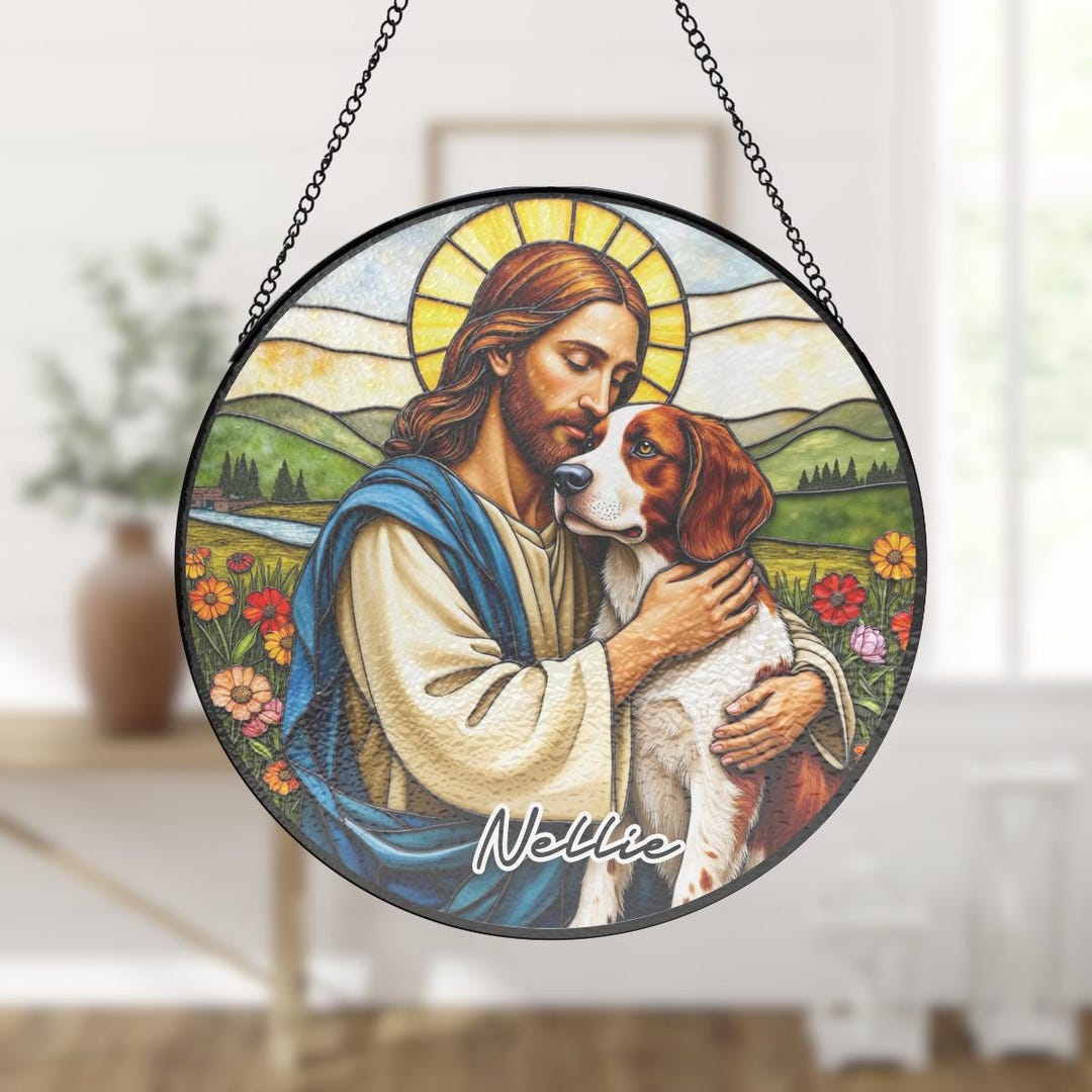 Custom Jesus Christ Hugging Irish Red and White Setter Dog Stained ...