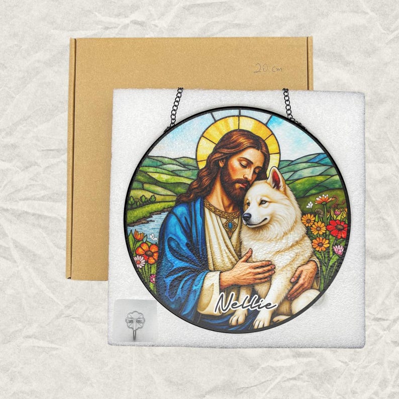 Custom Jesus Christ Hugging Cream Samoyed Dog Stained Glass Suncatcher ...
