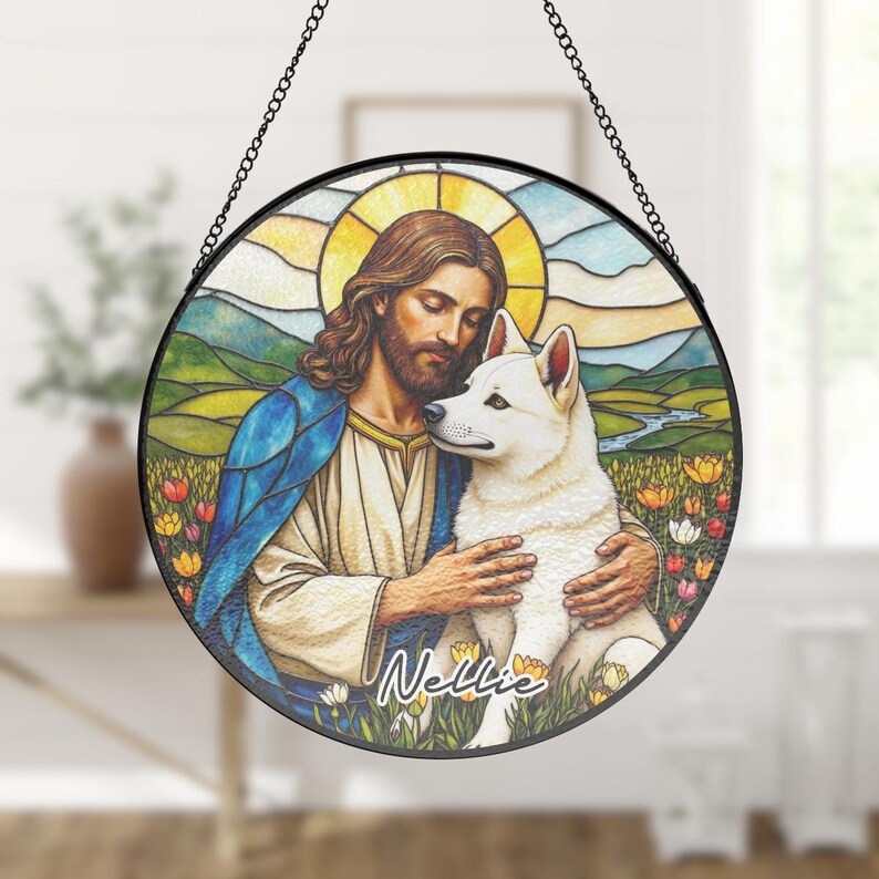 Custom Jesus Christ Hugging White Akita Dog Stained Glass Suncatcher ...