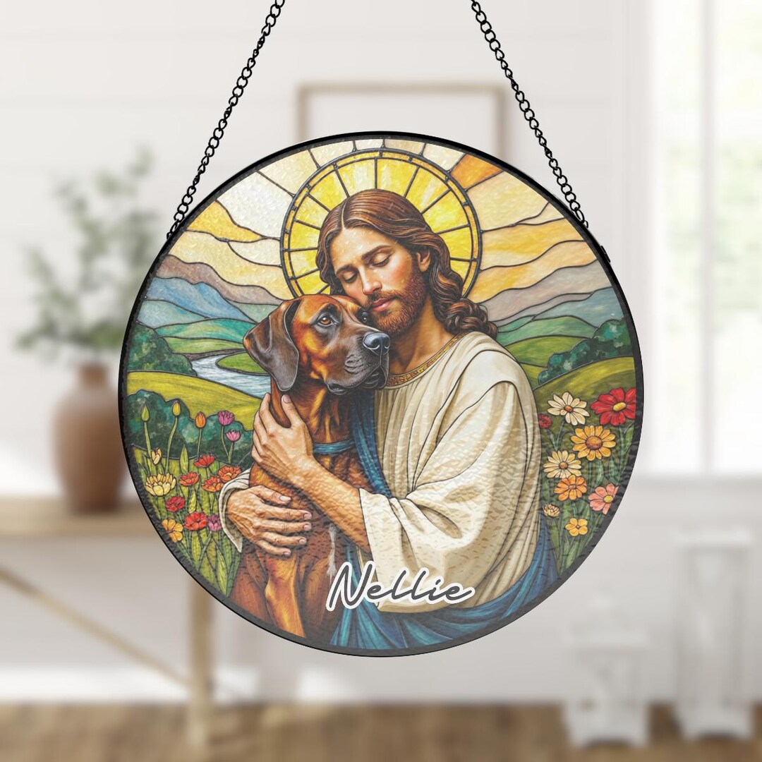 Custom Jesus Christ Hugging A Fawn Great Dane Dog Stained Glass ...