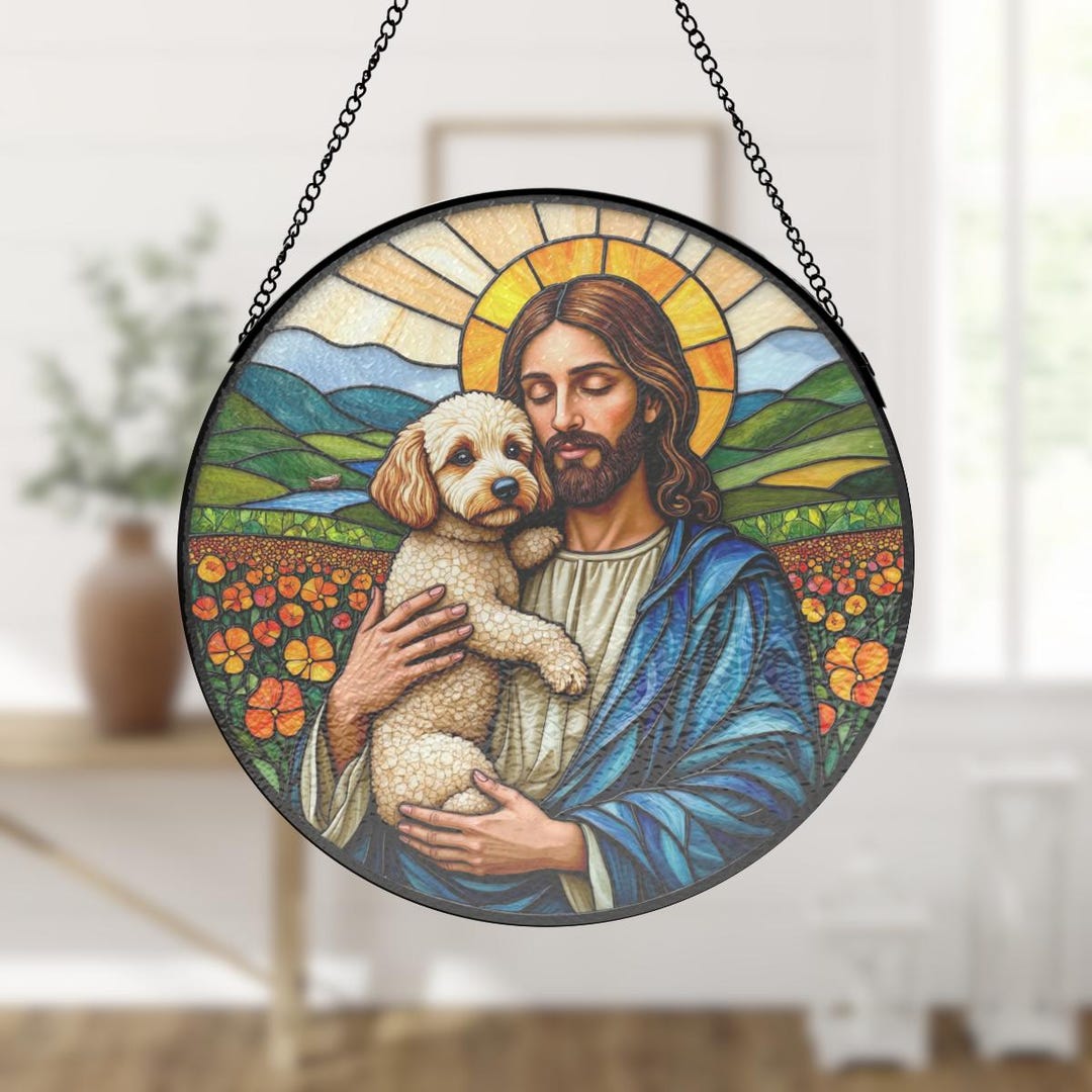 Jesus Christ Hugging A Poddle Stained Glass Suncatcher, Religious ...