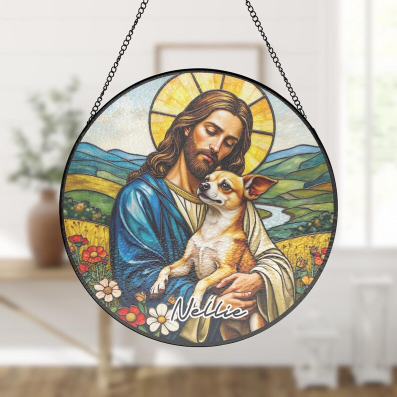 Custom Jesus Christ Hugging Fawn Chihuahua Dog Stained Glass Suncatcher ...