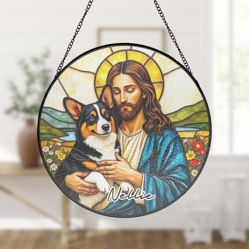 Custom Jesus Christ Hugging A Black & Tan Pembroke Welsh Corgi Dog ...