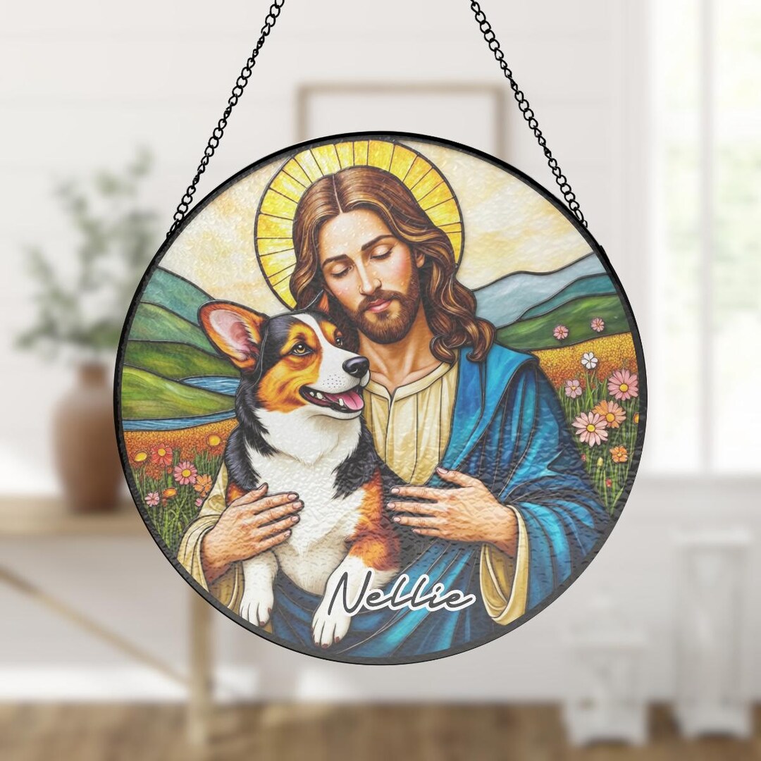 Custom Jesus Christ Hugging A Tricolor Pembroke Welsh Corgi Dog Stained ...