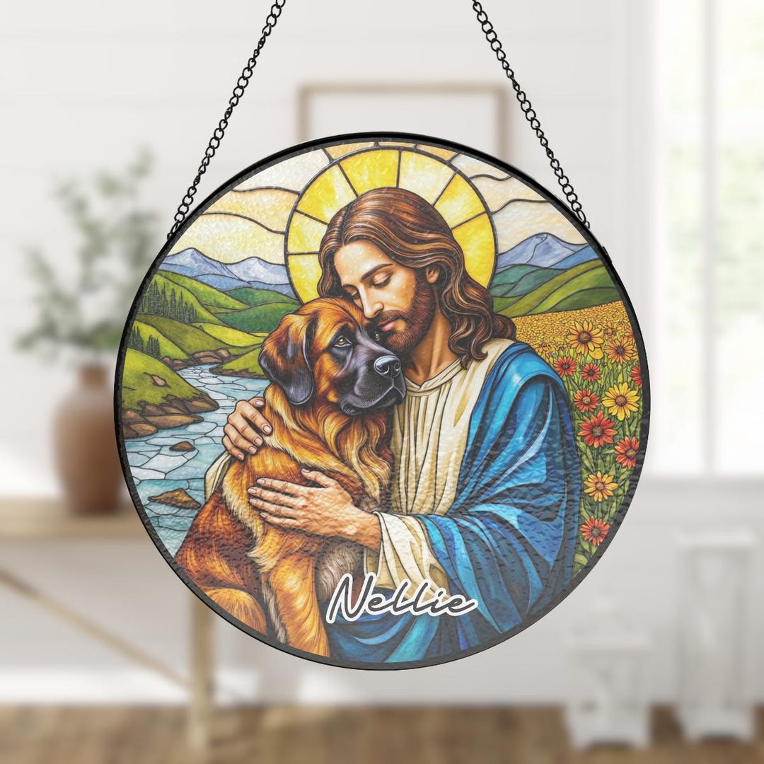 Custom Jesus Christ Hugging Sandy Leonberger Dog Stained Glass ...