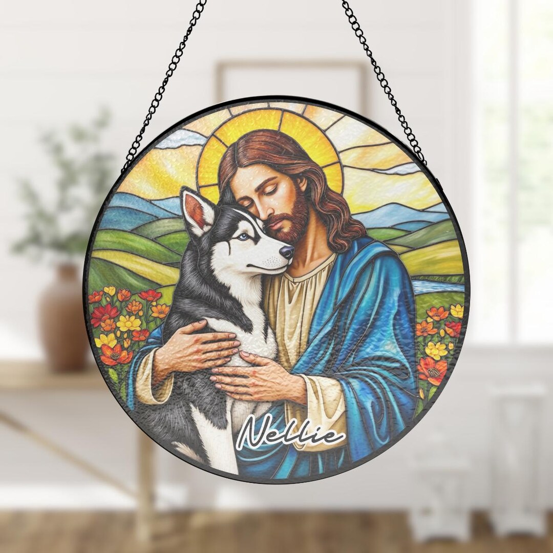 Custom Jesus Christ Hugging A Siberian Husky Dog Stained Glass ...