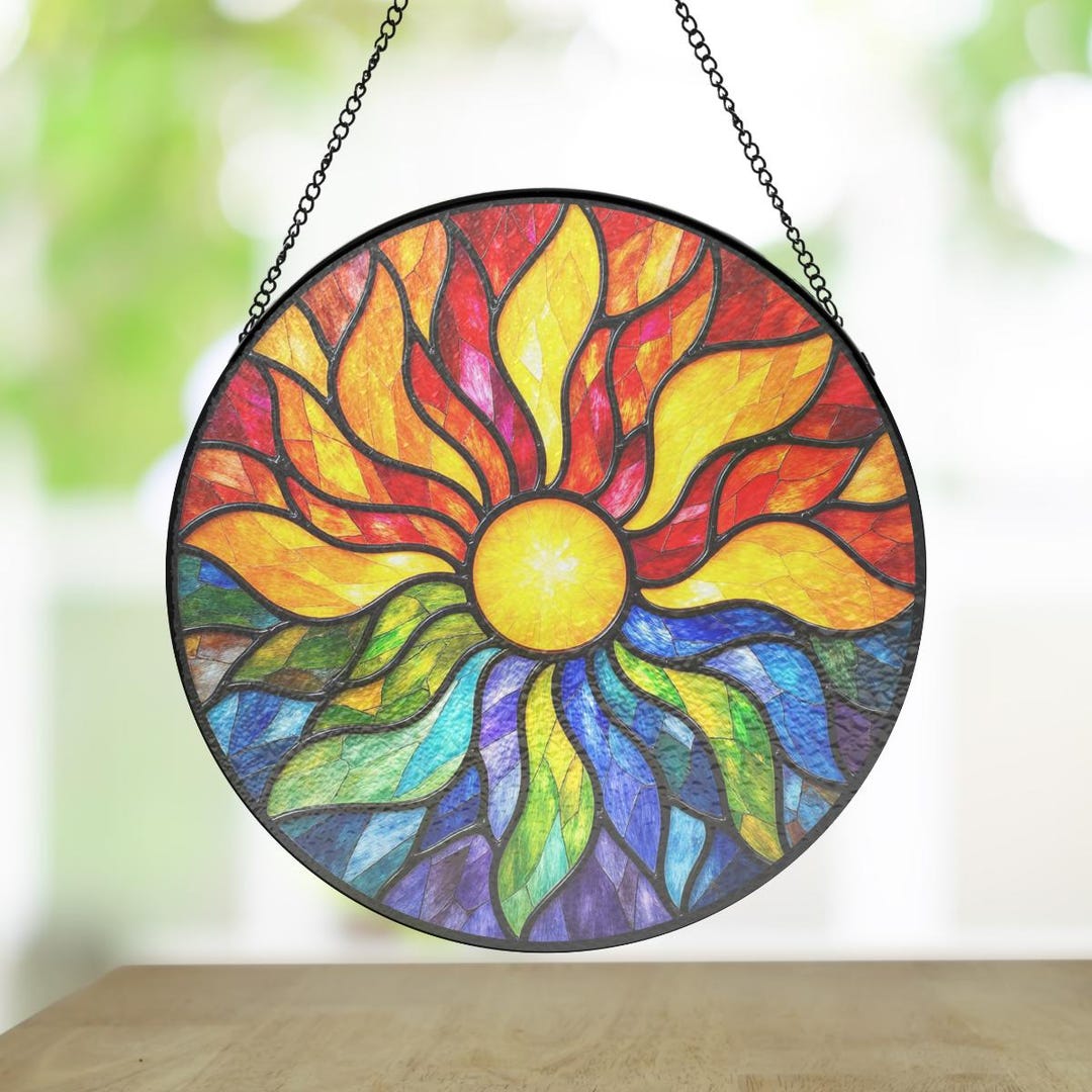 Rainbow Flame Sun Suncatcher, LGBT Pride Stained Glass Window Hanging ...