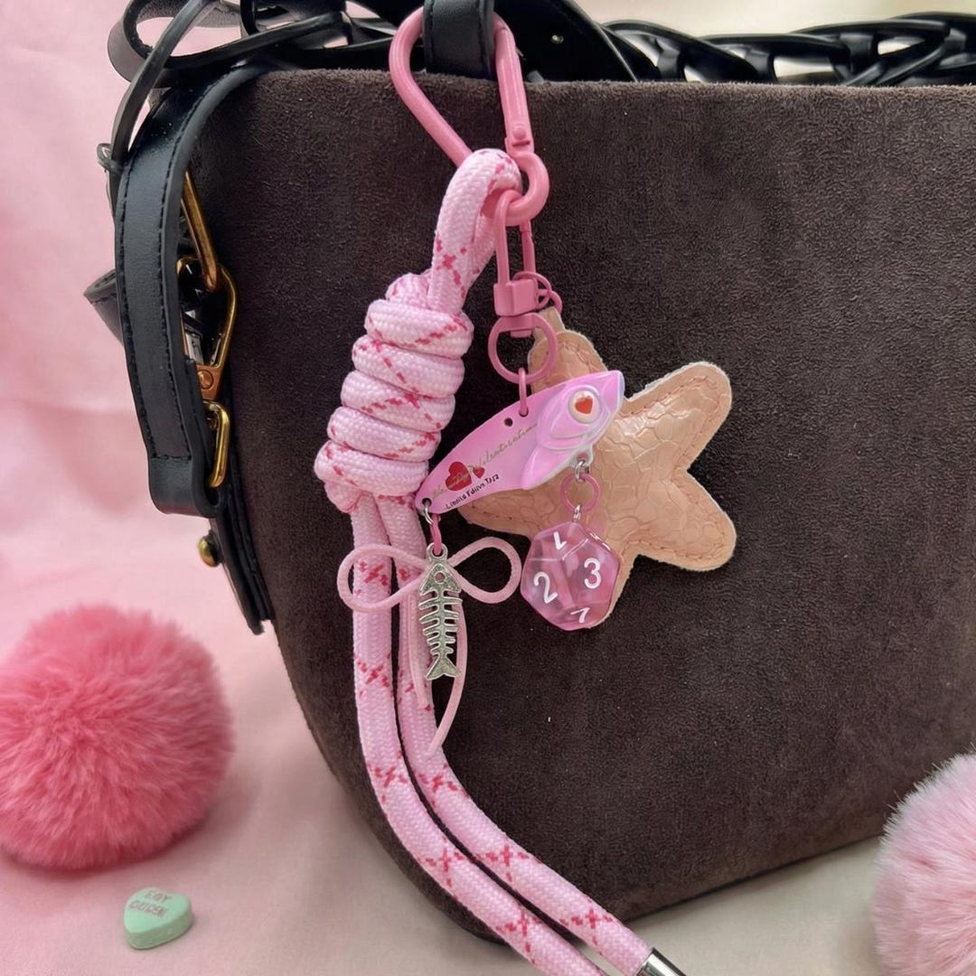 Pink Minnow Lure Keychain, Rope Bag Charm With Heart, Valentine's Day ...