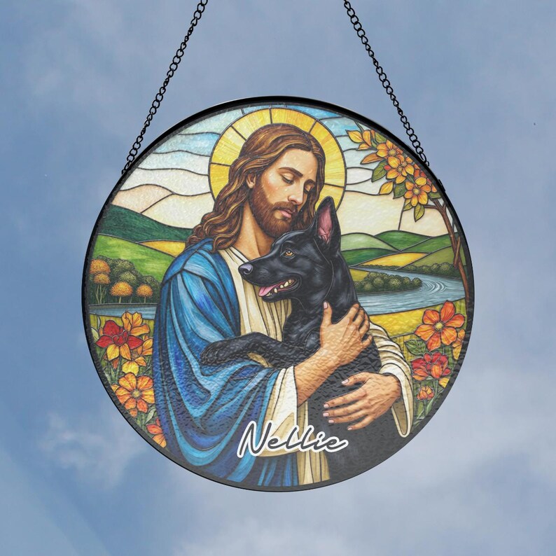 Jesus Christ Hugging A Solid Black German Shepherd Stained Glass ...