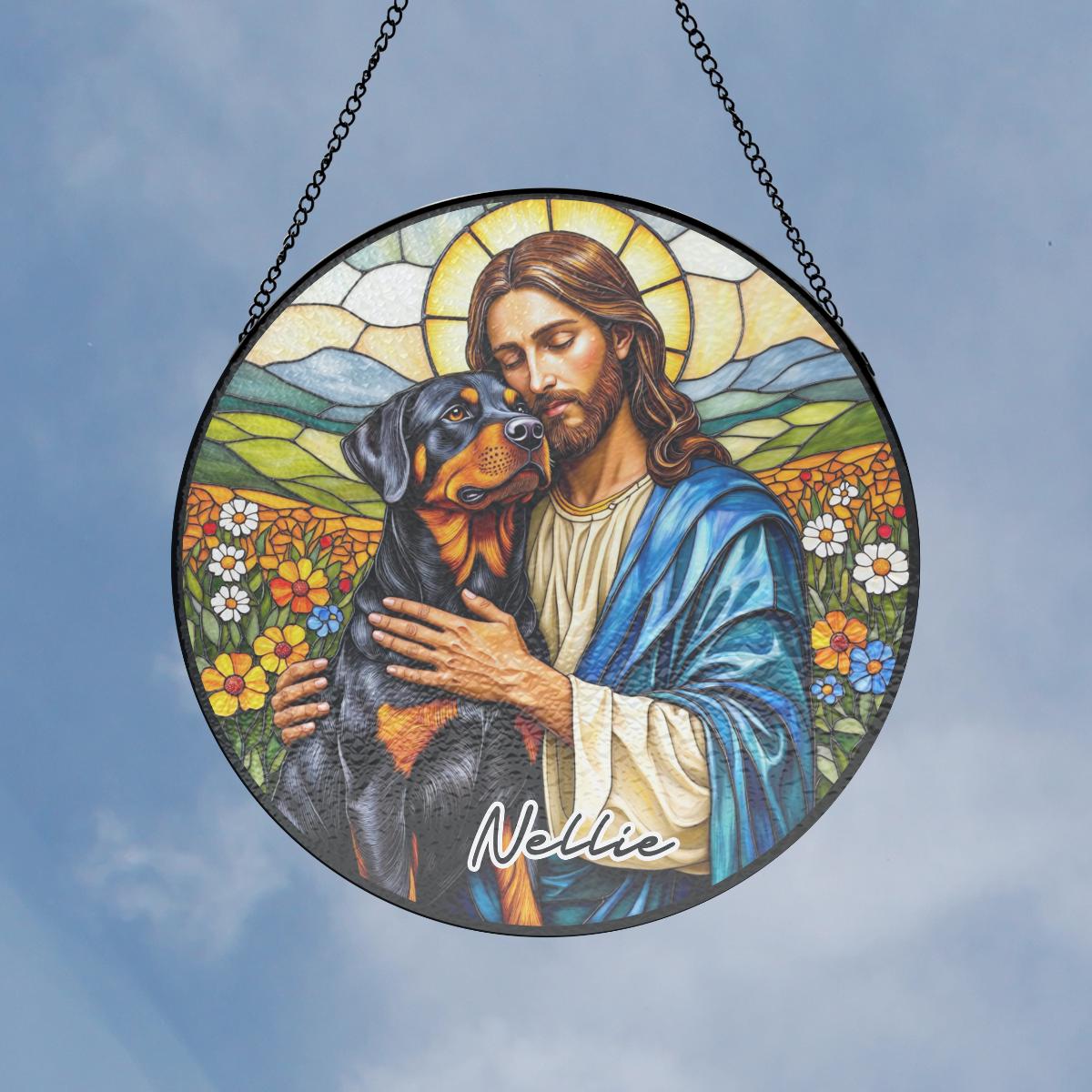 Jesus Christ Hugging A Rottweiler Stained Glass Suncatcher, Religious ...
