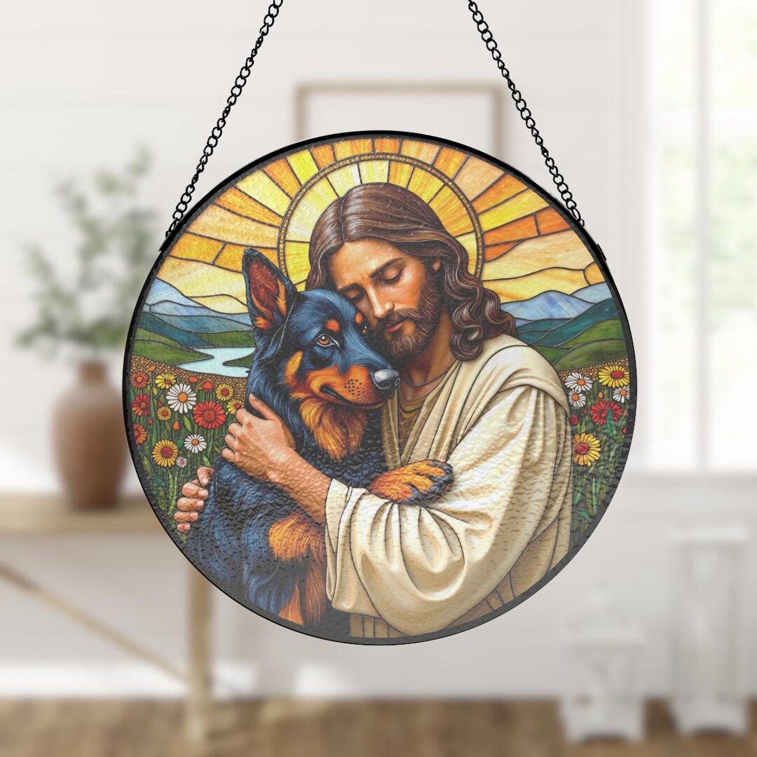 Jesus Christ Hugging White & Cream Golden Labrador Retriever Stained ...