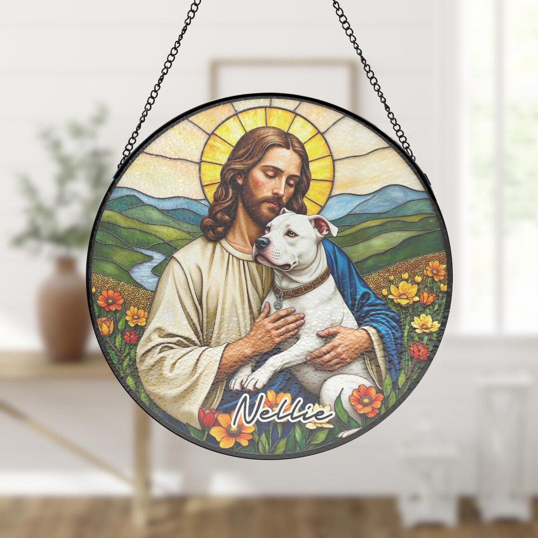 Custom Jesus Christ Hugging A White American Bulldog Stained Glass ...